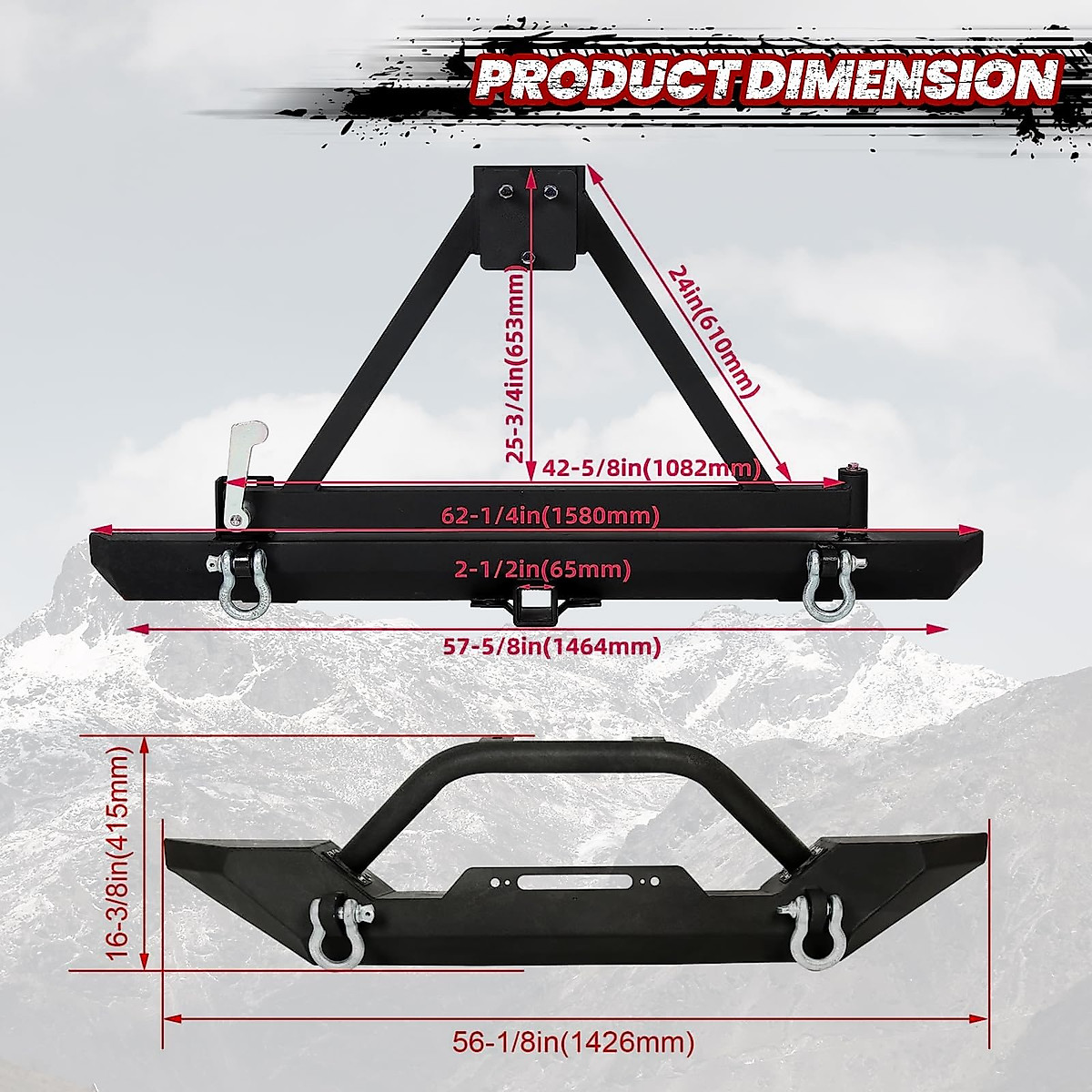 HECASA Front & Rear Bumper Compatible With 1987-1996 Jeep Wrangler YJ 1997-2006 Wrangler TJ W/Tire Carrier and D-Rings Powder Coated Steel Black(3 packages)
