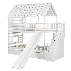 EOVTK Twin Over Twin House Bunk Bed with Trundle and Slide, Wood House Bunk Bed Frame with Storage Staircase, Roof and Window for 3 Kids Boys Girls, White