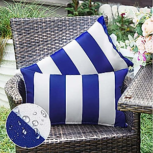 Western Home Pack of 2 Decorative Outdoor Solid Waterproof Striped Throw Pillow Covers Polyester Linen Garden Farmhouse Cushion Cases for Patio Tent Balcony Couch Sofa 12x20 inch Blue