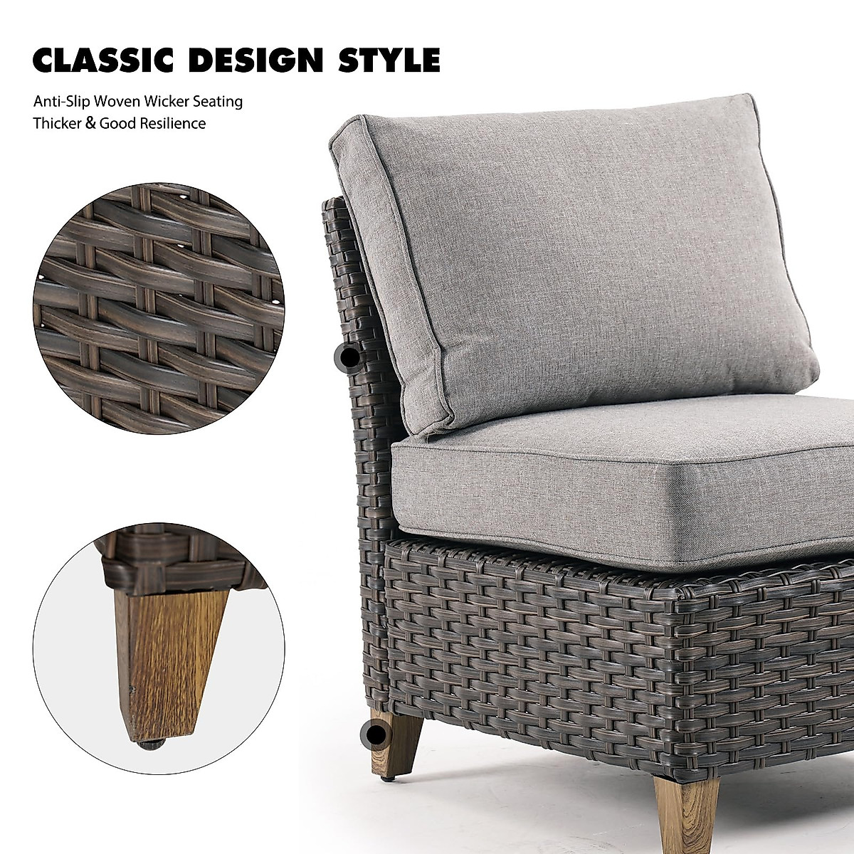 Grand patio Outdoor Furniture, Patio Wicker Sectional Sofa Modular Furniture Set Single Sofa with Thick Cushions and Frame for Deck Porch Poolside Garden (Armless Sofa)