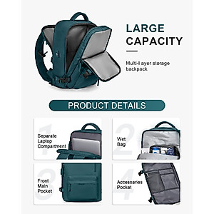 VECAVE Travel Backpack,Carry On Backpack for Women,Airline Flight Approved Waterproof 14 Inch Laptop Backpack with Shoe Compartment Casual Daypack Backpacks PeacockBlue