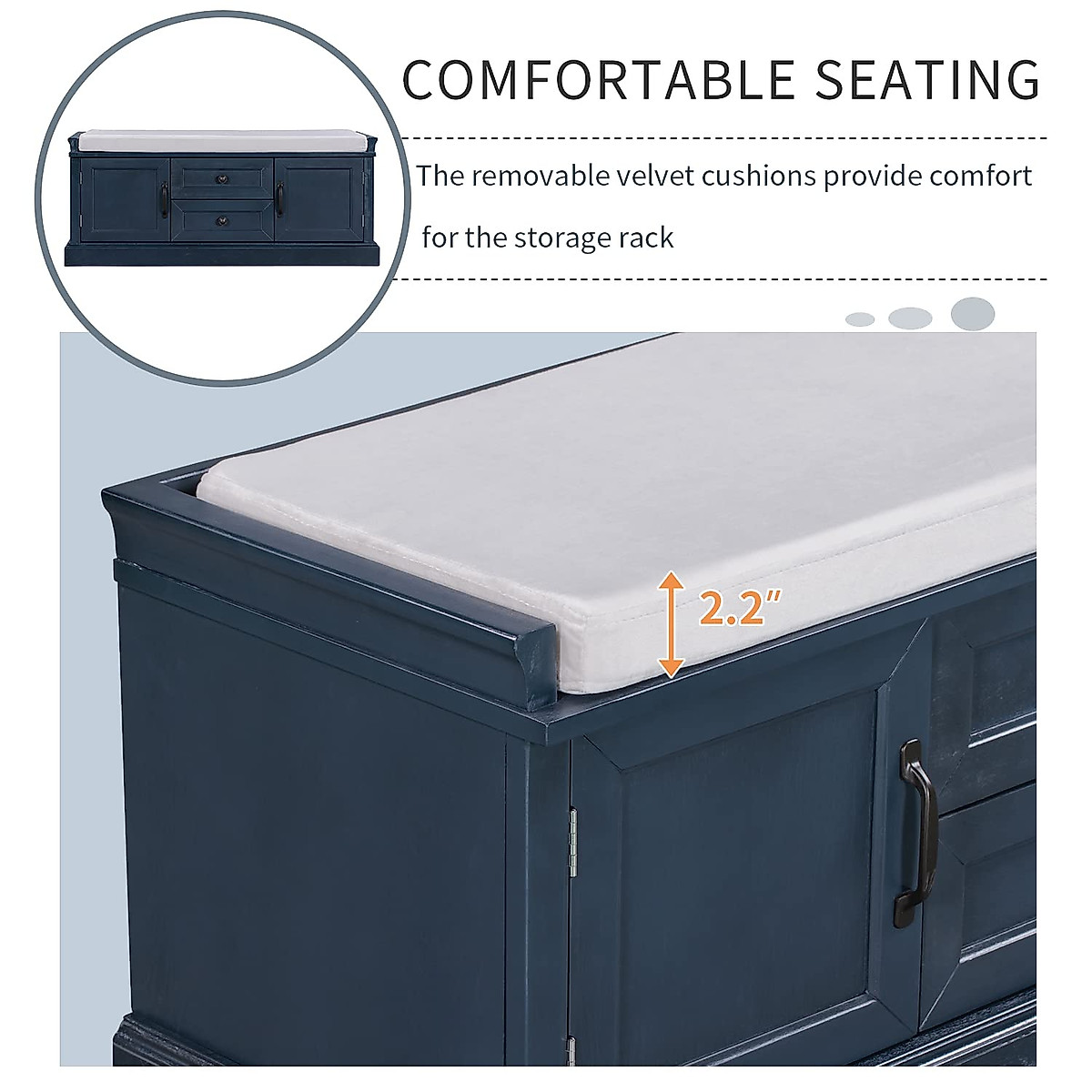KLIECH Storage Removable Cushion 2 Drawers and 2 Cabinets,Wooden Shoe Bench for Hallway Entryway Living Room,Antique Navy, 1