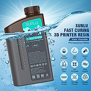 SUNLU Water Washable Resin 1000g, Fast Curing 3D Printer Resin for LCD DLP SLA Resin 3D Printers, 395 to 405nm UV Curing 3D Printing Liquid Photopolymer Resin, Low Shrinkage, High Precision, 1kg, Grey