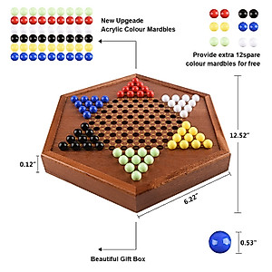 12.7 Inches Wooden Chinese Checkers with Drawers 12 Bonus Spare Marbles| Natural Wooden Board Game| includes 60 Colorful Glass Marbles | Family Board Game for Kids and Adults