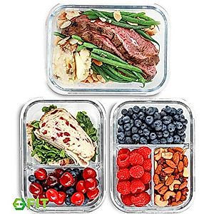 1 & 2 & 3 Compartment Glass Meal Prep Containers (3 Pack, 35 oz) - Glass Food Storage Containers with Lids, Glass Lunch Box, Glass Bento Box Lunch Containers, Portion Control, Airtight