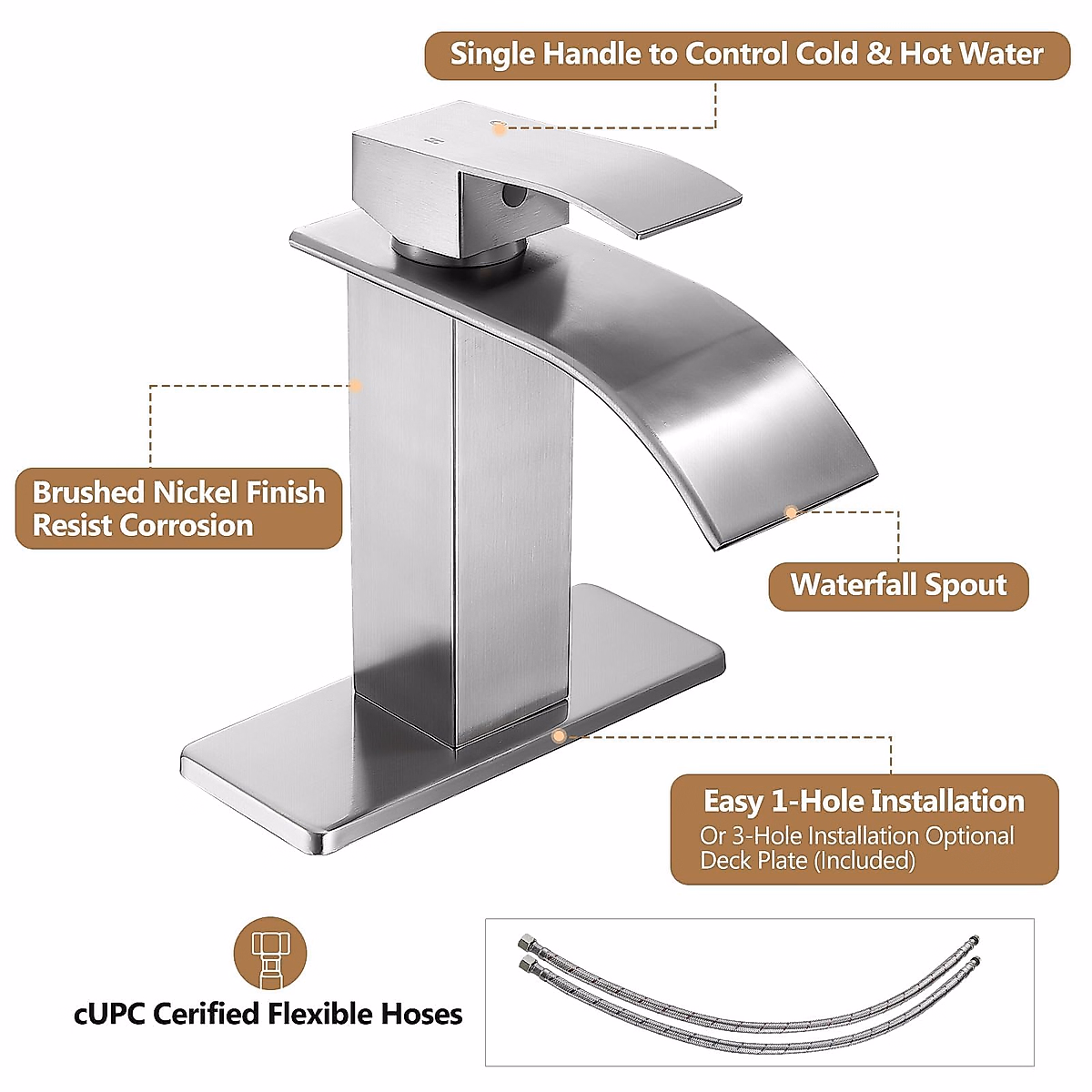 Fransiton Brushed Nickel Waterfall Bathroom Faucet Lavatory Single Handle 1 or 3 Hole Bathroom Sink Faucet Washbasin Faucet with Deck and Pop-up Drain