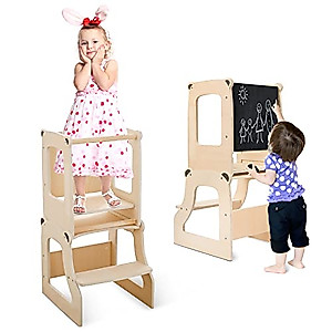 Toddler Kitchen Tower Step Stool Helper with Chalkboard Safety Rail | Kids Counter Stool | Wooden Standing Tower for Toddlers to be Mama’s Kitchen Helper