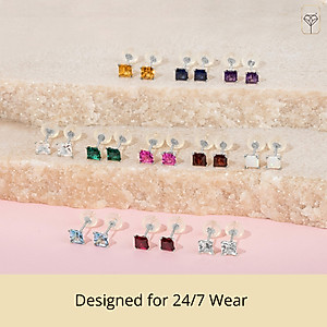 MAX + STONE 14k White Gold Square Stud Earrings for Women with Princess Cut Created Blue Sapphire 4 mm September Birthstone and Push Backs