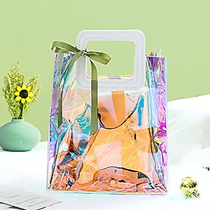 R-LOMU 5pcs Clear Iridescent Reusable Gift Bag 11 x 9.8 x 5.1 Inches Holographic Large Handbag Gift Wrap Bags Pvc with Handle for Party,Birthday,Christmas,Travel, Festival,Wedding, Shopping