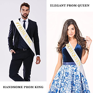 BAHABY Prom King and Prom Queen Satin Sash - Graduation Party School Party Accessories Bachelorette Party Wedding Bridal Shower Party Favors, White with Gold Print