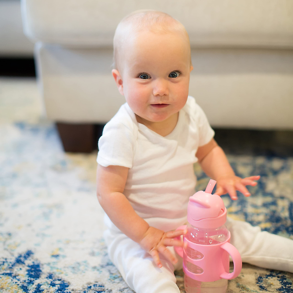 Dr. Brown's Milestones Wide-Neck Sippy Straw Bottle with 100% Silicone Handles and Weighted Straw, 9 oz/270 mL, Pink, 6m+