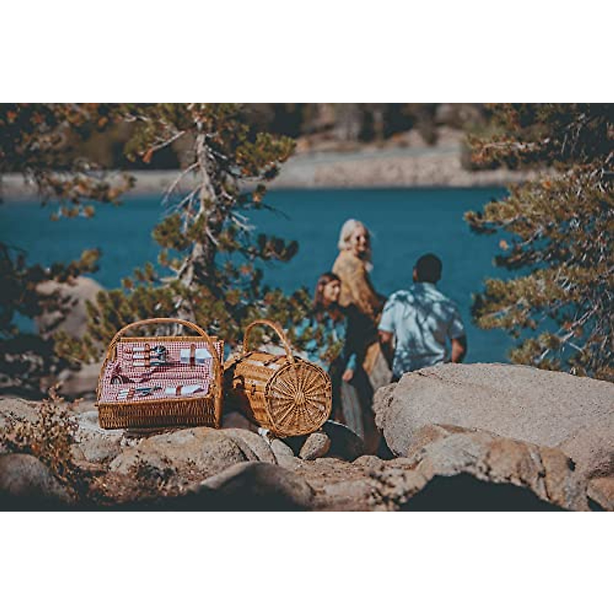 PICNIC TIME - Barrel Wicker Picnic Basket for 2 - Picnic Set - Wine Picnic Basket, (Red & White Gingham Pattern)