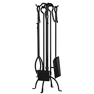 Fire Beauty 5-Piece Fireplace Tools Set, Heavy Duty Wrought Iron Fire Place Toolset, Black