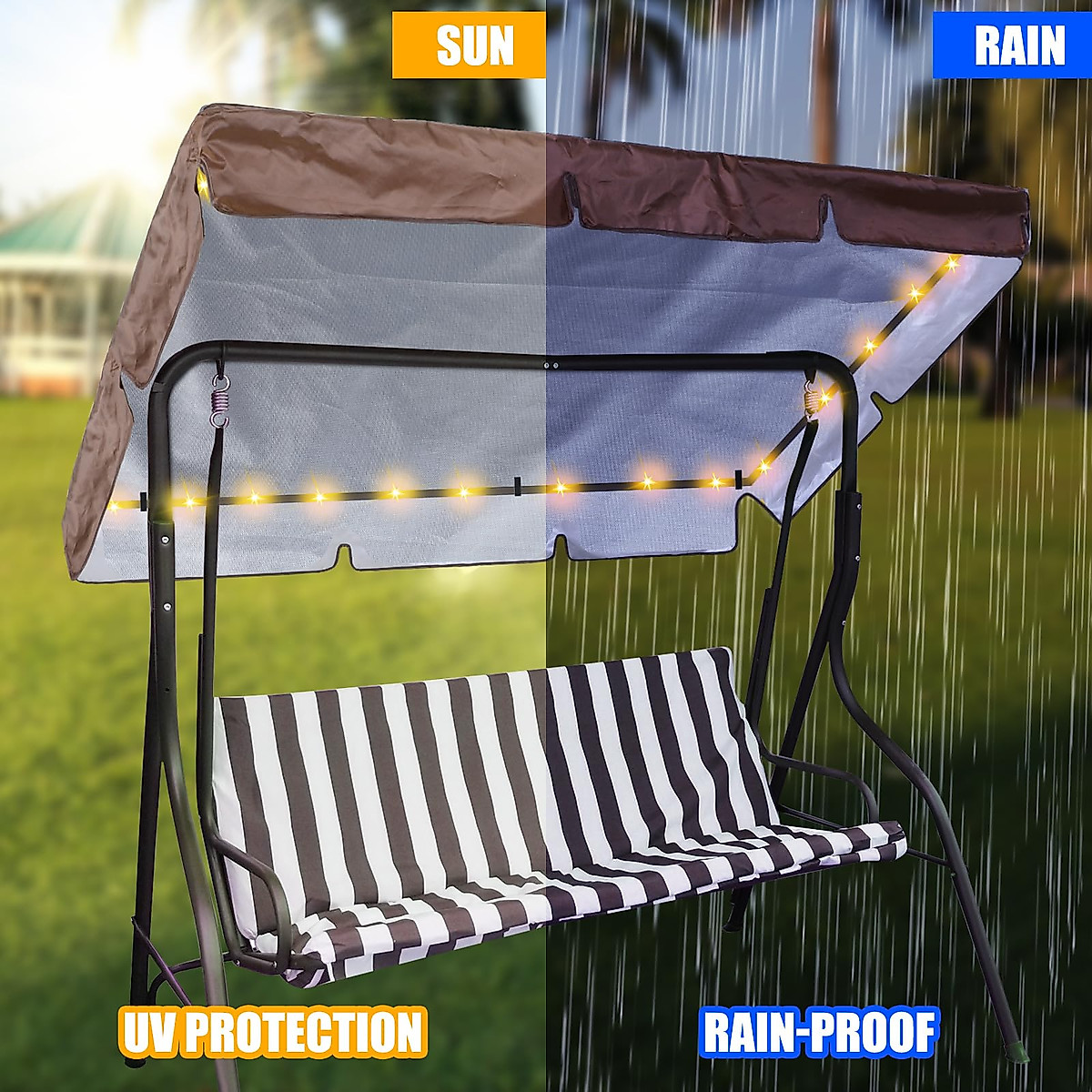 GliCraft LED Lighted Porch Swing Canopy Replacement Waterproof Swing Top Cover LED Swing Canopy Replacement Canopy Sun Shade Awning Cover Outdoor Patio Swing Canopy (Brown,65 x 45 Inch)