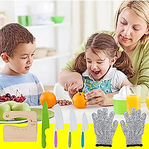 COZYMATE 6pcs Kids Wooden and Plastic Knife Set, Kids Safe Knife with Wood Kids Knife Resistant Gloves Cooking Knives Serrated Edges Toddler Knife Kids Plastic Knife for Kitchen Children