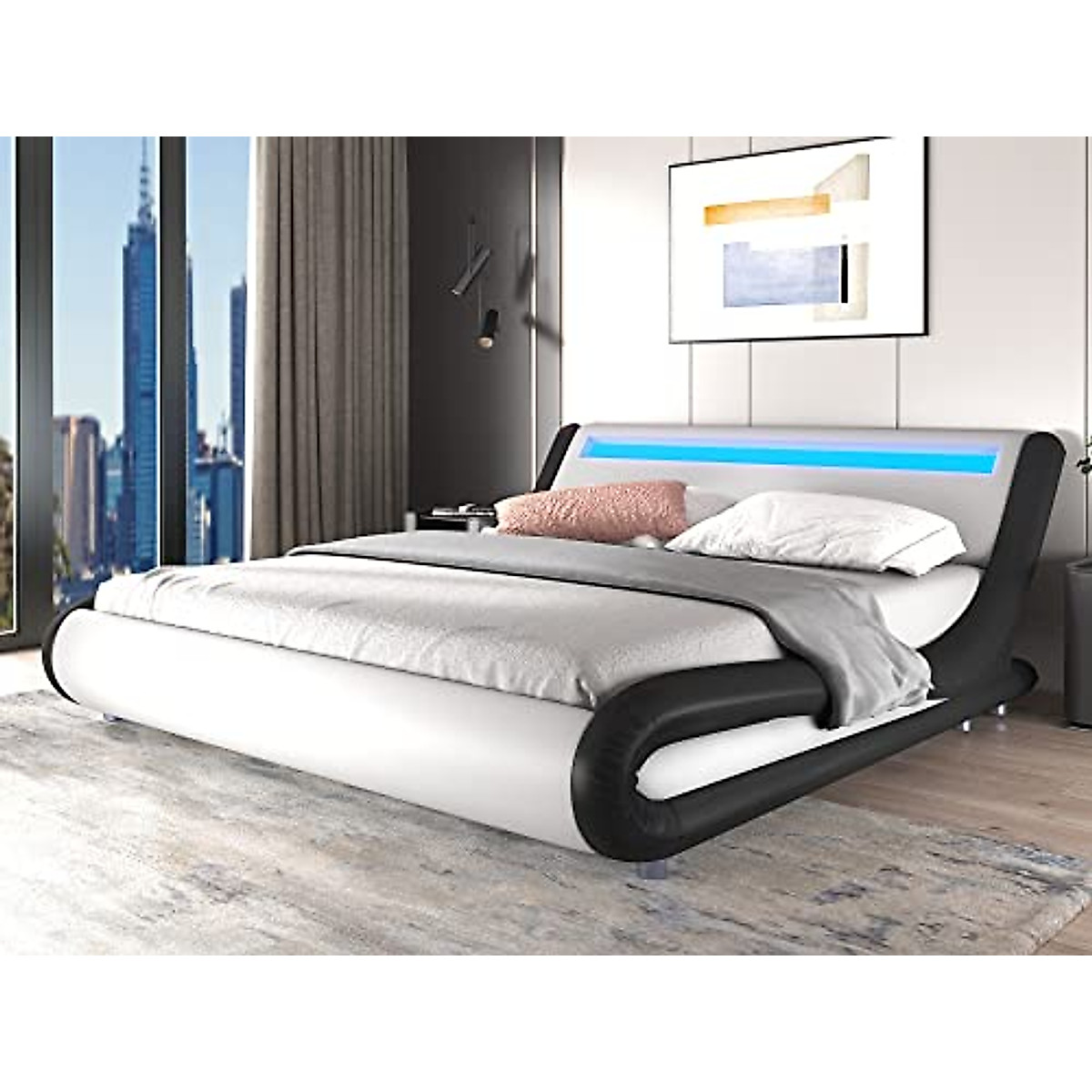 SHA CERLIN Upholstered Modern Bed Frame with LED Headboard/Mattress Foundation/No Box Spring Needed/Strong Wood Slats Support/Easy Assemble, Black and White, Queen