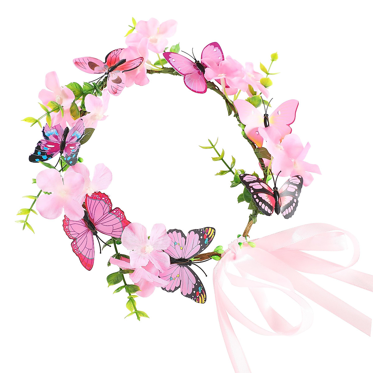 Gmmidea Butterfly Flower Crown for Women Girls Fairy Flower Headband Crown Adjustable Wedding Festival Floral Hair Wreath Pink