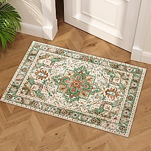 Vintage Rugs for Entryway, 2x3 Washable Low Pile Rug, Small Front Door Non-Slip Area Rug for Kitchen, Throw Rugs with Rubber Backing, Soft Boho Indoor Entrance Bedroom Entry Carpet mat (Cream/Green)