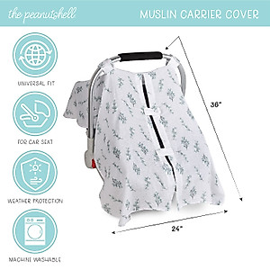 The Peanutshell Muslin Canopy Car Seat Cover, Breathable Lightweight 360° Protector Baby Car Seat Cover Size 36" x 24" - Gender Neutral Eucalyptus Pattern
