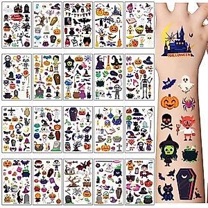 Halloween Temporary Tattoos for Kids, 360PCS Halloween Face Tattoos, Waterproof Cute Cartoon Fake Body Stickers Decorations, Halloween Face Makeup Party Favors Supplies Decor Pumpkin Witch Skull Adult