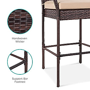 Best Choice Products Set of 2 Wicker Bar Stools, Indoor Outdoor Bar Height Chairs w/Cushion, Footrests, Armrests for Backyard, Patio, Pool, Garden, Deck - Brown