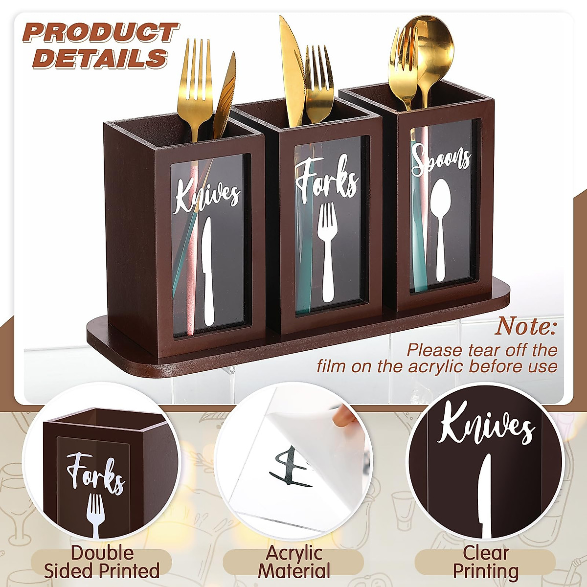 Gejoy Clear Acrylic Silverware Cutlery Caddy Utensil Holder with Wood Tray Spoon Fork Knives Flatware Dispenser for Kitchen Table Countertop Silverware Storage Organizer(Brown)