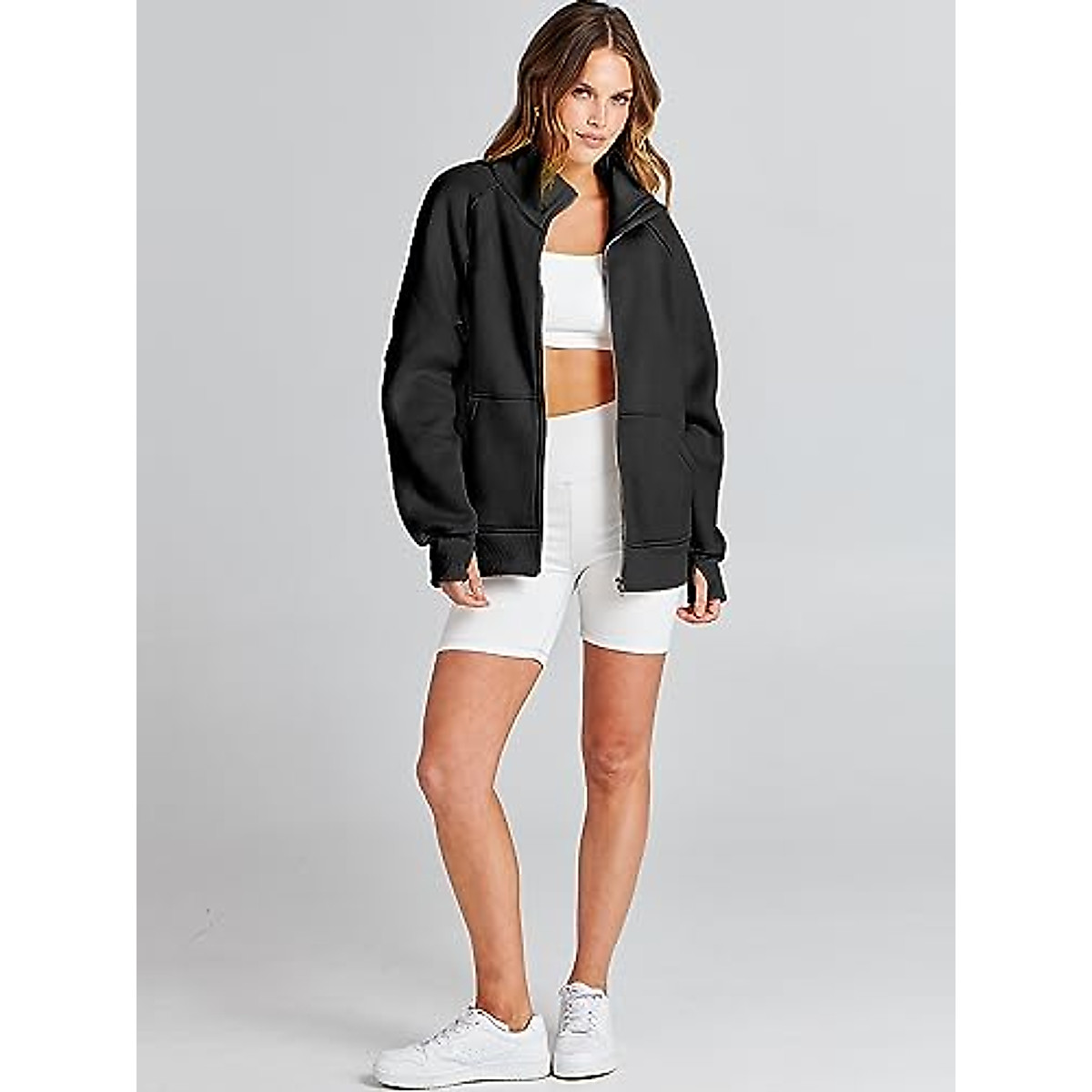 Caracilia Women's Oversized Sweatshirts Long Sleeve Zip Up Y2K Trendy Fashion Sweatshirt Jackets Pullovers Active Comfy Cute Clothes With Thumb Hole C112A0-heise-S Black