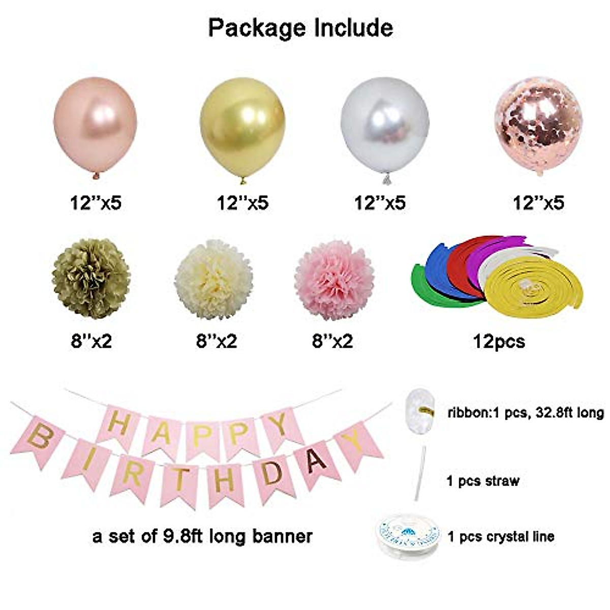 11th Birthday Decorations Supplies Rose Gold 11 Foil Balloons, Happy Birthday Banner, Hanging Swirls, Pompoms Flowers, Metallic Chrome Balloons, Confetti Balloons For Girls' Birthday Party