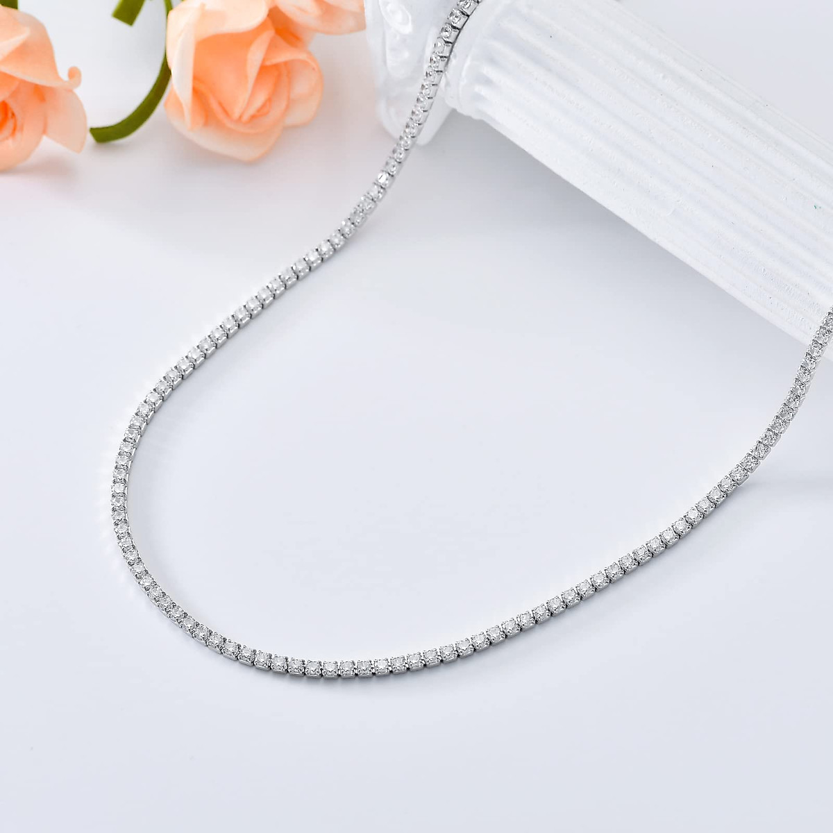 Dralox Sterling Silver 1.5mm Round Cubic Zirconia Tennis Necklace Tennis Chain Jewelry Gifts for Women Teen Girls 20 Inch
