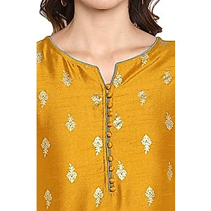 Janasya Indian Women's Mustard Foil Printed Poly Silk Ethnic Dress
