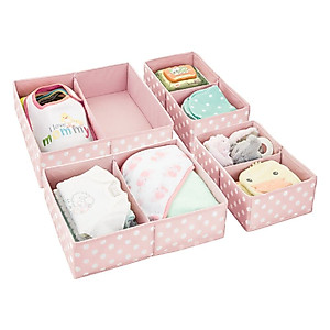 mDesign Soft Fabric Dresser Drawer and Closet Storage Organizer for Child/Kids Room, Nursery - Divided 2 Compartment Organizer - Fun Polka Dot Print, Set of 4 - Pink with White Dots