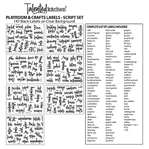 Talented Kitchen 147 Playroom Organization and Storage Labels for Toy Bins, Preprinted Black Script on Clear Vinyl Stickers for Crafts, Canisters, Baskets, and Closet (Water Resistant)