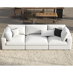 PaPaJet Modular Sectional Sofa, 114 Inches Down Filled Sectional Sofa, 3 Seater Oversized Comfy Couch for Living Room, White Linen Cloud Couch Set
