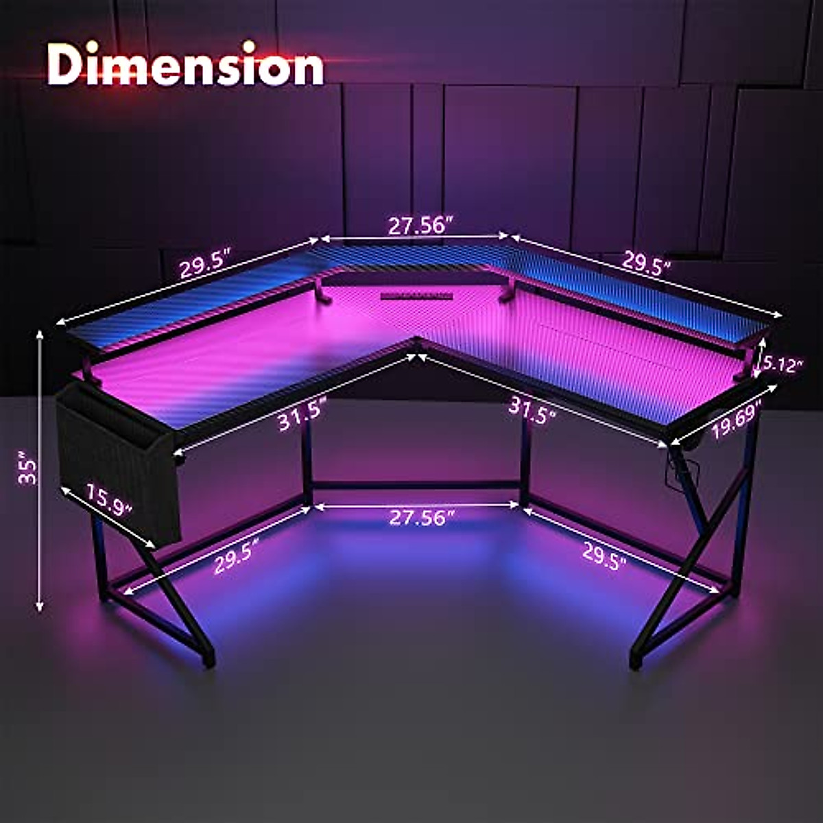 Wonder Comfort L Shaped 51 Inch Computer Desk with LED Lights，Corner Gaming Table Cup Holder Power Outlets/Monitor Stand for Home Office, Black