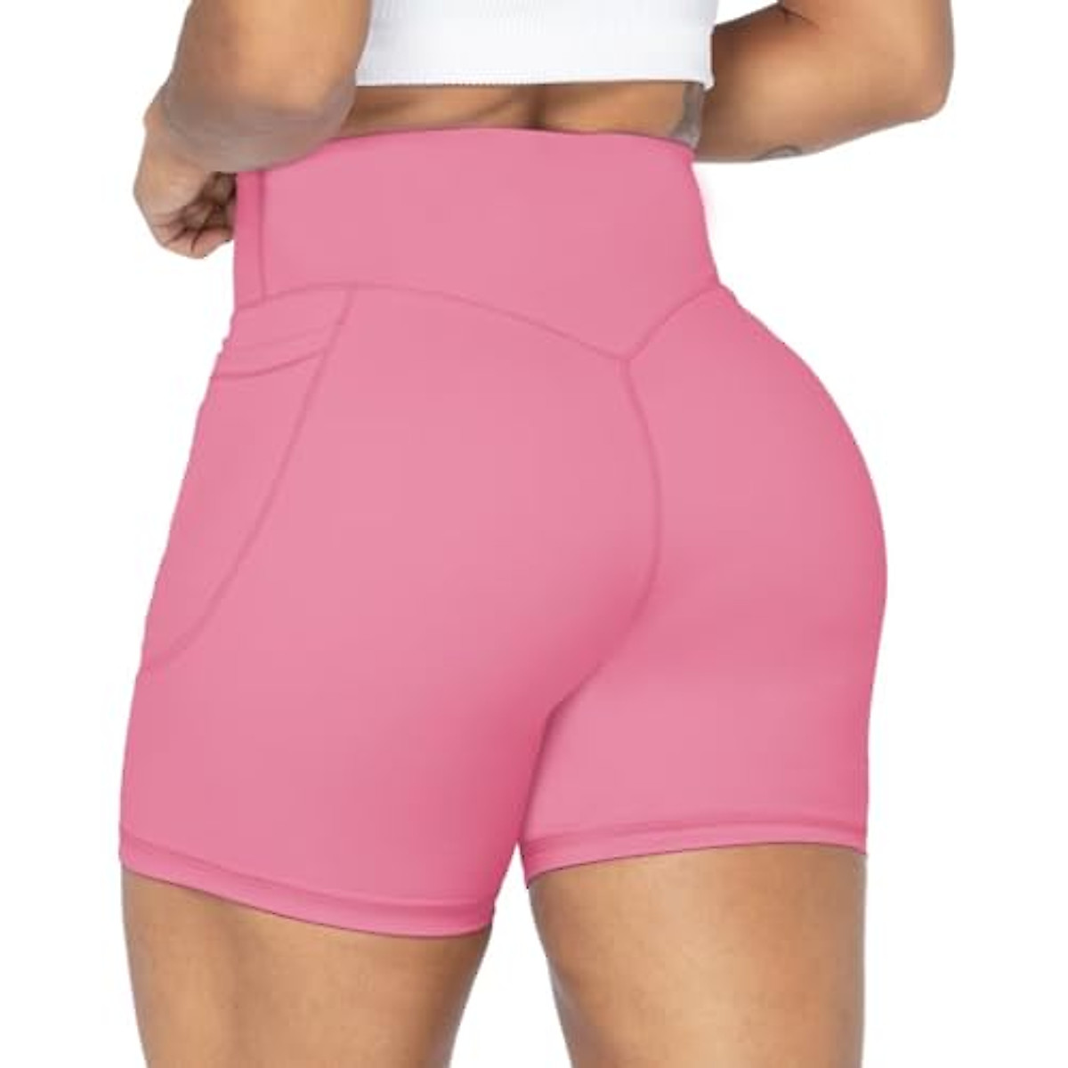 Sunzel No Front Seam Biker Shorts for Women with Pockets, Yoga Workout Gym Bike Shorts with Tummy Control 5" Bubblegum Pink Medium