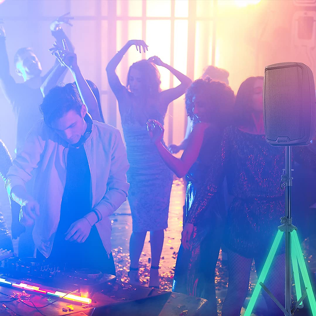 Gemini Sound STL-500 Professional Audio Equipment Foldable Collapsible Adjustable DJ PA System Party Universal Speaker Stands, Remote Controlled Multicolor LED Tripod Legs Lightshow