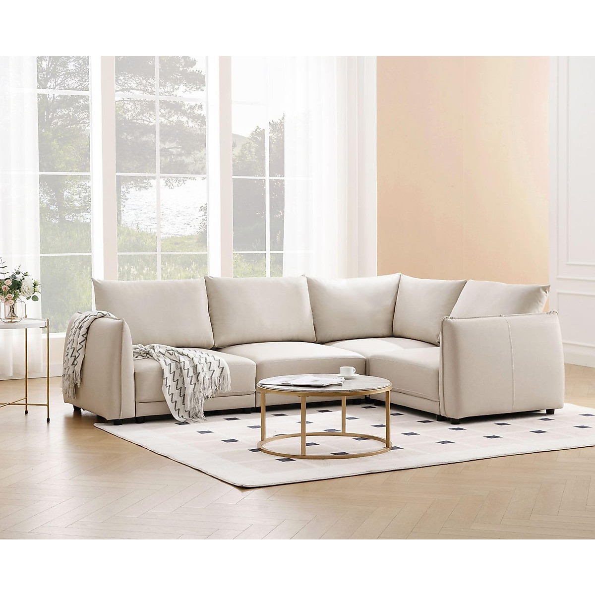 DAYALANE L Shaped Sectional Sofa, PU Leather Modular Covertible Sectional Couch with Arms, Modern Deep 4 Seat Couch Upholstered Sofa for Living Room, Studio, Office, Apartment, Off White