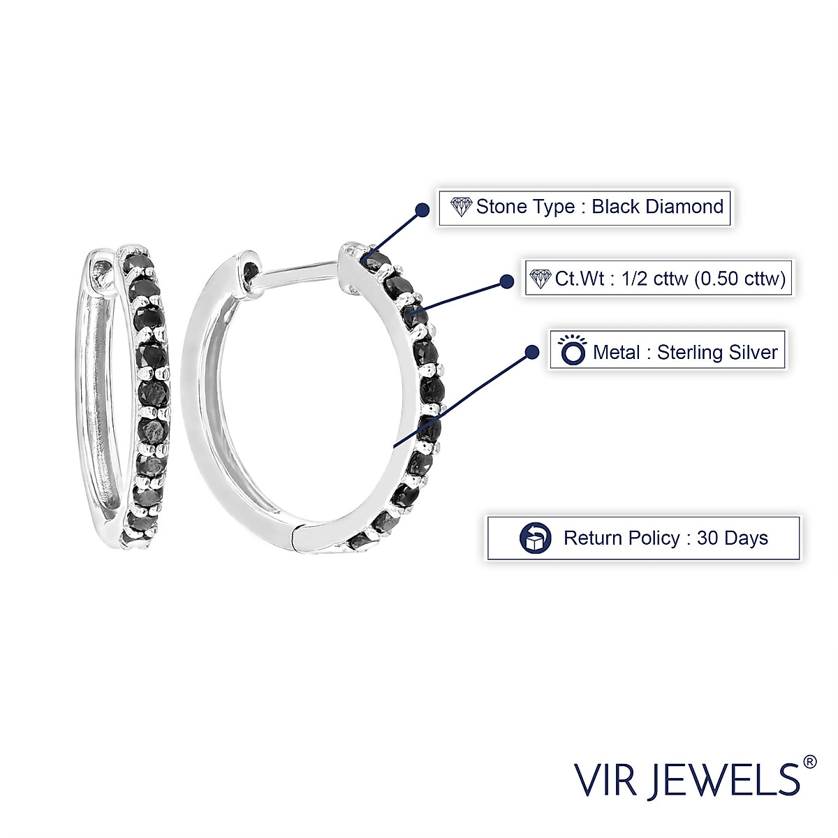 Vir Jewels 1/2 cttw Black Diamond Hoop Earrings .925 Sterling Silver Round Prong 3/4 Inch