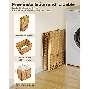 Greenstell Laundry Hamper with Lid and 2 & 1 Removable Liner Bags, No Install Needed, 130L Collapsible Laundry Basket, Wicker Clothes Hamper with Handles, Hamper for Bedroom, Bathroom, Goose Yellow