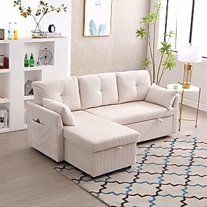 DAMAIFROM Convertible Sofa Bed Sleeper, 3 Seater L-Shaped Sleeper Sectional Sofa with Storage Chaise, Comfy Corduroy Couch, Upholstered Pull Out Sofa Bed for Living Room, Beige