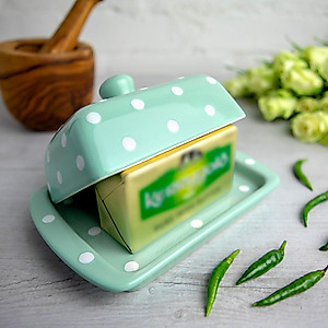 Handmade Ceramic European Covered Butter Dish With Lid | Unique Teal and White Polka Dot Pottery Butter Keeper | Housewarming Gift by City to Cottage®