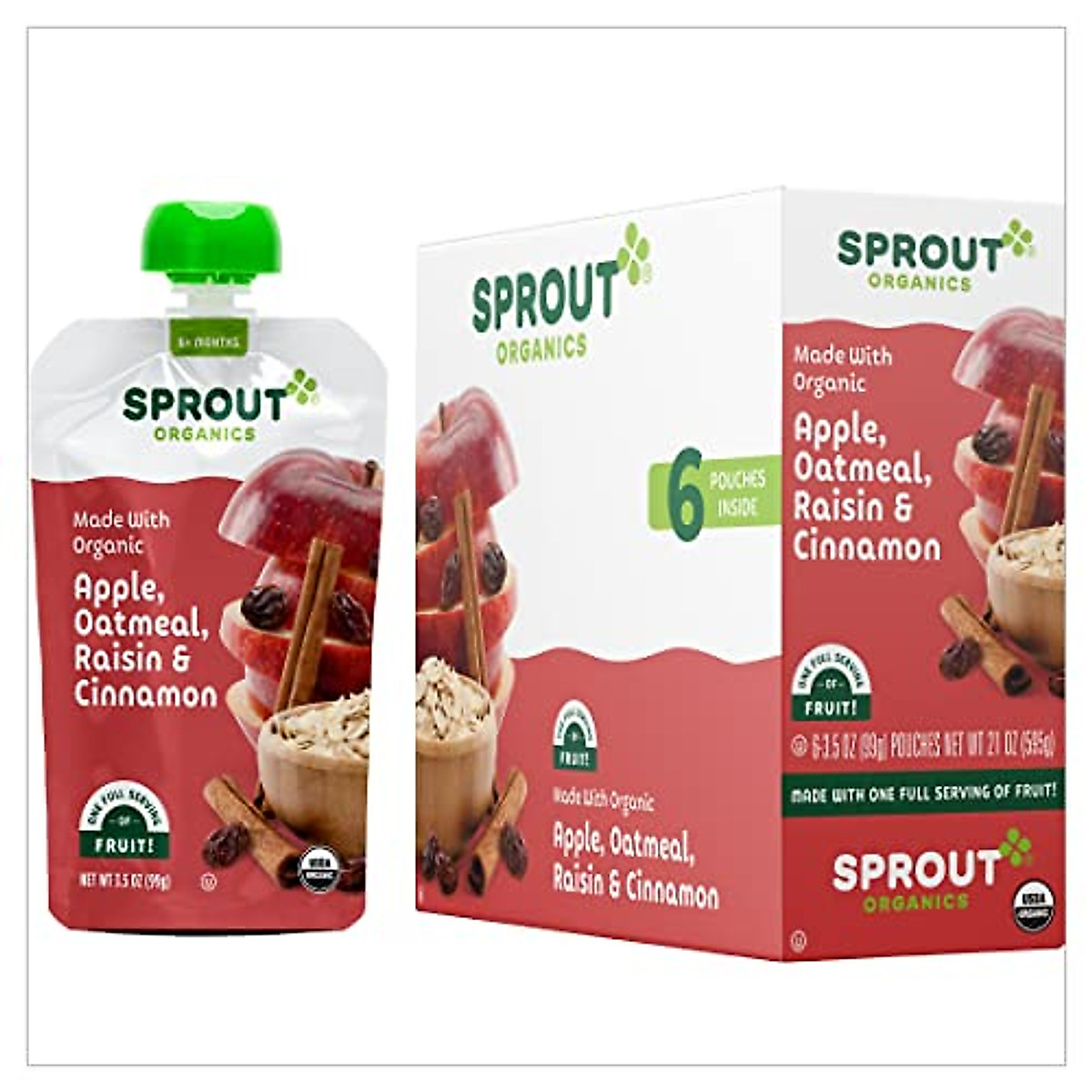 Sprout Organic Baby Food, Stage 2 Pouches, Apple Oatmeal Raisin with Cinnamon, 3.5 Oz Purees (Pack of 12)