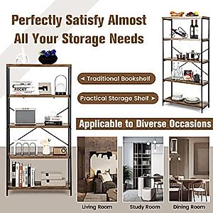 Tangkula 5-Tier Bookcase, Rustic Industrial Bookshelf, Décor Accent Display for Home, Office, Living Room, Bedroom, Wood Shelves w/Metal X-Shaped Frame, Display Bookshelf (Brown)
