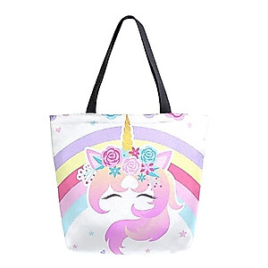 Naanle Canvas Tote Bag Large Women Casual Shoulder Bag Handbag Rainbow Unicorn Floral Canvas Tote Bag Reusable Grocery Shopping Cloth Bags Beach Bag for Women