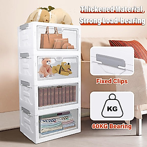 4 Tier Plastic Storage Bins, Folding Storage Organizer with Drawers, Clear Large Storage Containers with Lids and Magnetic Switch-15 * 11 * 31 inch Stackable Organizers for Home, Office, Bedroom