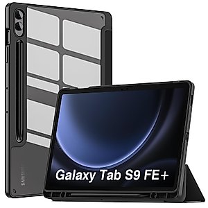 MoKo Case Fits Samsung Galaxy Tab S9 FE Plus 12.4-Inch 2023 (SM-X610/SM-X616), Lightweight Tablet Trifold Cover Case Transparent TPU + PC Back Shell with Pen Holder Slot/Auto-Wake, Black