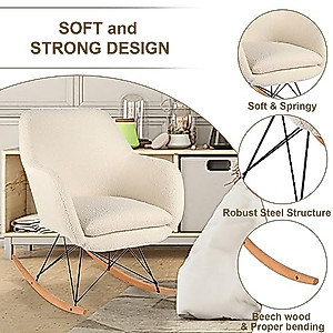 TUOMUR Modern Rocking Chair Nursery, Teddy Fabric Upholstered Glider Rocker with High Backrest and Armrests, Nursing Chair, Comfy Glider Chair for Living Room, Bedroom, Offices, Ivory