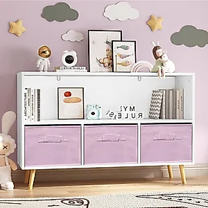 IAFIKE Toy Organizers and Storage, Kids Bookshelf with 3 Cube Fabric Bins and Drawers,Nursery Bookcases, Cabinets & Shelves Toddler Book Shelf for Bedroom,Playroom,Livingroom (Pink)
