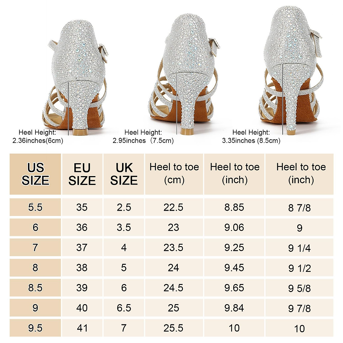 FUKZTE Women Rhinestone Ballroom Dance Shoes Latin Salsa Dance Shoes Practice Party Dance Shoes,Silver 3.35 inch Heel,9.5 US