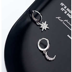 Reffeer Solid 925 Sterling Silver Star Moon Hoop Huggie Earrings Drops for Women Teen Girls Crystal Moon Star Hoop Earrings Dangle (A-Silver)